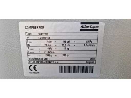 2008 ATLAS COPCO GA 11 VSD Compresseur à vis contrôlé de vitesse | Surplex